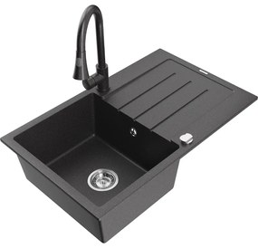 Mexen Bruno, 1-komorový granitový dřez 795x495x200 mm a dřezová baterie Elia, černá skvrnitá, 6513-76-670101-76
