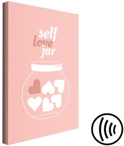 Obraz Self Love Jar (1-dílný) svislý - sklenice srdce a texty na pozadí