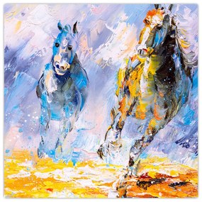Obraz běžících koňů, olejomalba (30x30 cm)