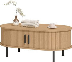 HOMCOM Oválný konferenční stolek z dřeva, moderní obývací stolek s posuvnými dveřmi a skrytým úložným prostorem, 100x55x40 cm, přírodní dřevo
