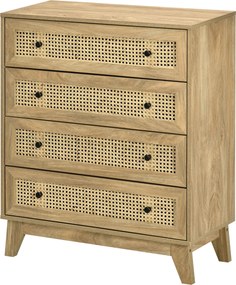 HOMCOM Komoda se 4 šuplíky s ratanovým ratanem 80 x 35 x 95 cm Světlé dřevěné provedení