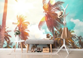 Samolepící tapeta paprsky slunce mezi palmami - 150x100 cm