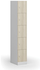 Šatní skříňka S1 s úložnými boxy, 5 boxů, 1850 x 300 x 500 mm, demont, cylindrický zámek, laminované dveře, dub přírodní