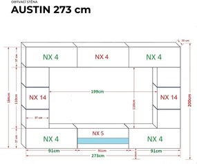Ral Obývací stěna AUSTIN 4, 273 cm - Černý lesk