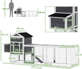 PawHut Venkovní Kurník Dřevěný Velký Kurník pro 3-6 Kurech s Hnízdící Buzerací a Asfaltovou Střechou 297,5x68x118 cm Šedý a Bílý