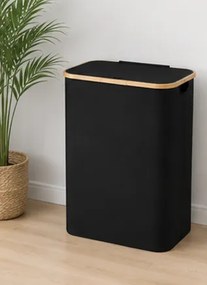koš na prádlo, objem 145 l, s víkem, pano/bambus, 78x64x43 cm, černá/přírodní, Dekorino KP20260009