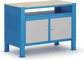 Dílenský stůl G9, 1 police, 2 skříňky, výškově stavitelný, 1180 x 595 x 715-975 mm, šedá/modrá