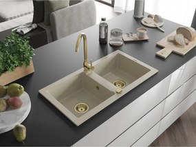 Mexen Mario, granitový dřez 820x436x161 mm, 2-komorový, béžová se zlatým sifonem, 6504822000-69-G