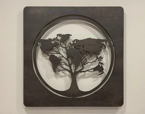 Li-Go "Mapa světa v kruhu" světelný obraz s baterií 70x70cm varianta ovládání: manuál/pohybové čidlo, provedení povrchu: bříza