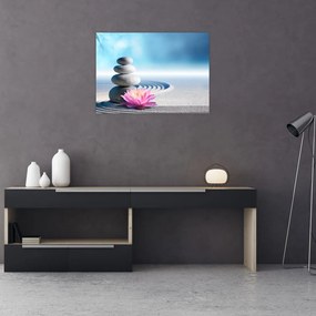 Skleněný obraz písku, lilie a spa kamenů (70x50 cm)