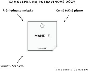 MANDLE - omyvatelná samolepka na dózu, výběr rozměrů Ø 5 cm / 5 x 5 cm / 6 x 8 cm | DomaLEP tvar: KOLEČKO, barva: PRŮHLEDNÁ - ČERNÉ písmo, velikost: Ø 5 cm - tučné písmo