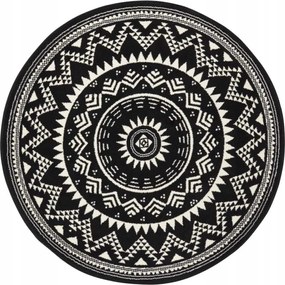 Kulatý moderní koberec do obývacího pokoje, černo krémový vzor Mandala 140 Cm