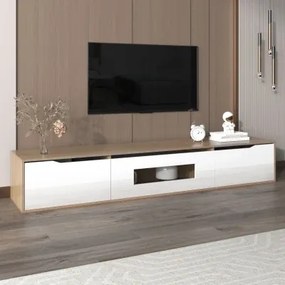 Aosom TV skříňka 180 cm lesklá s LED osvětlením, 4 světelné režimy a možnost montáže na stěnu pro obývací pokoj, bílá a barva dřeva