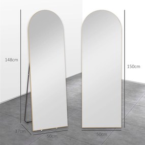 HOMCOM Zrcadlo v plné výšce, 50 x 150 cm, stojací zrcadlo, velké bezrámové nástěnné zrcadlo, do obývacího pokoje, ložnice, zlatý odstín