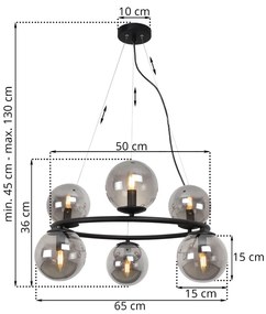 Závěsné svítidlo Paris, 6x grafitové skleněné stínítko, B, O