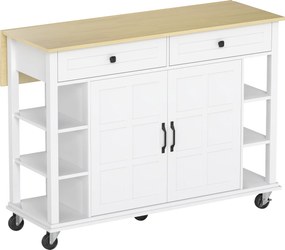 HOMCOM kuchyňský ostrůvek na kolečkách, skládací pracovní deska, 2 dveře se soft-close, 2 zásuvky, 6 otevřených polic, bílá