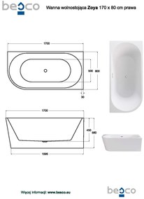 BESCO Volně stojící vana ZOYA bílá Barva sifonu - Zlatá, Rozměr vany - 170 × 80 cm, Způsob provedení - Pravé - VANZOYA170PZ