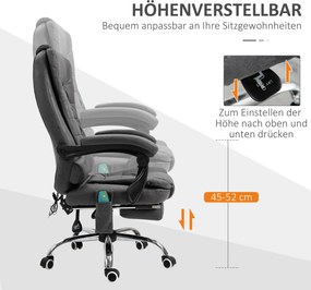 Kancelářská židle Vinsetto s masážní a vyhřívací funkcí, ergonomická, 6 masážních bodů, podnožka, dálkové ovládání, polyester, 65 x 160 x 104 cm, šedá