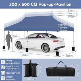 Costway Výsuvný stan s baldachýnem na akce s taškou – 300 × 600 cm, modrý