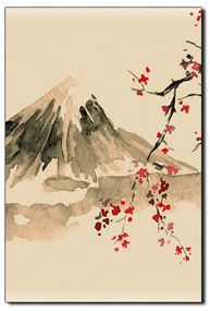 Obraz na plátně - Tradiční sumi-e obraz: sakura, slunce a hory - obdélník 7271FA (60x40 cm)