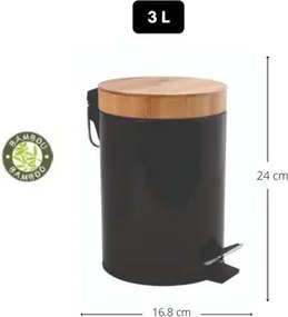 MSV AZA černá ocel / Pedálový odpadkový koš / bambusové víko / 3 l