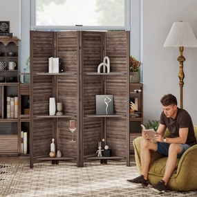 HOMCOM dřevěná vnitřní paravánka 4 panely 160 x 170 cm, skládací přepážka s 3 policemi, ořech