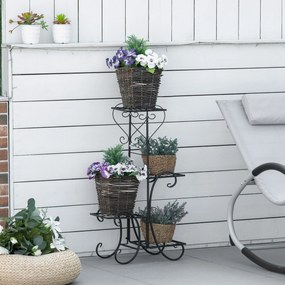 Outsunny Metalový Stojan na Květiny 4 Úrovně - Stojan pro Květiny na Balkon a do Zahrady, Černý 45 x 24,5 x 80 cm