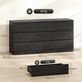 HOMCOM komoda do ložnice se 6 zásuvkami, zásuvková skříň do obývacího pokoje nebo kanceláře, moderní styl, 140x40x71 cm, černá s dřevěným dekorem