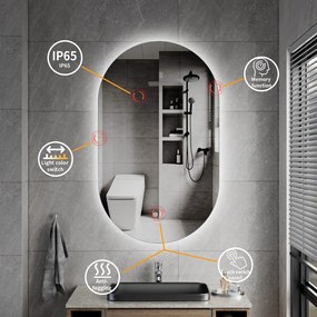 Erga Dalia, oválné LED zrcadlo 60x100cm, 3 barvy světla, zadní osvětlení, vyhřívací podložka proti zapaření, ERG-V01-Dalia-6010-CL