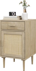 HOMCOM Noční stolek s ratanovými dvířky a policí + 1 zásuvka, bohémský design - 40 x 68,5 cm, přírodní
