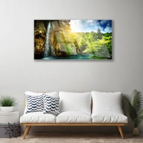 Obraz na skle Vodopád Stromy Krajina 100x50 cm