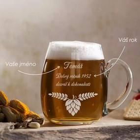 Ručně foukaný kulatý půllitr na pivo s gravírováním Chmel 500 ml 1KS