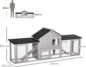 PawHut Velká venkovní králičí bouda dřevěná klec pro 2-4 králíky s asfaltovou střechou, drátěným oplocením, odnímatelným zásobníkem a rampami 210x45x…
