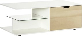 HOMCOM Moderní Design Obdélníkový Konferenční Stolek se 2 Zásuvkami, 2 Policemi a Skleněnou Policí, Bílý Dubový Vzhled 106 x 58 x 39 cm | Aosom