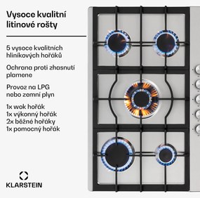 Klarstein Ignito 5 Zonen, plynová varná deska, 5 hořáků Sabaf, nerezová ocel, stříbrná
