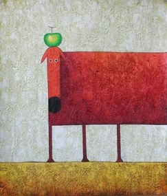Červený pes s jablkem - 50 x 60 cm