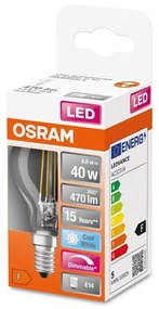 Průhledná LED stmívatelná žárovka E14 4,8 W CLASSIC P, studená bílá