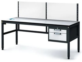Alfa 3 Antistatický dílenský ESD stůl s perfopanelem, 2 zásuvkový box na nářadí, 1800x800x745-985 mm