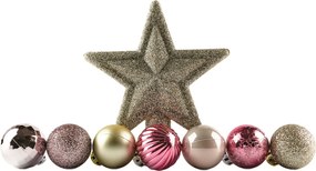 Sada vánočních ozdob růžová a stříbrná 3 cm, 1× glitter špice, plastové baňky IP44 venkovní, balení 29 ks