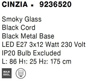 Nova Luce Závěsné svítidlo CINZIA kouřové sklo černý kabel černá kovová základna E27 3x12W