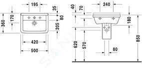 DURAVIT - Starck 3 Umyvadlo 500x360 mm, s 1 otvorem pro baterii, s WonderGliss, alpská bílá (03005000001)