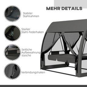 Outsunny 2-v-1 Hollywoodská houpačka s ležící funkcí - 3-místná zahradní houpačka s markýzou a síťkou proti hmyzu, nosnost až 300 kg, lehátko do zahr…