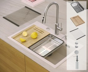 Bílý kuchyňský granitový dřez QUADRON Marc 110 s příslušenstvím bez baterie