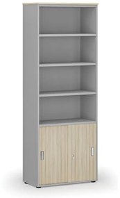 Kombinovaná kancelářská skříň PRIMO GRAY, zasouvací dveře na 2 patra, 2128 x 800 x 420 mm, šedá/dub přírodní