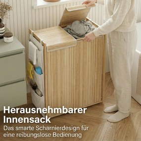 HOMCOM 120 l bambusový koš na prádlo s víkem, 2 přihrádky, snímatelné vaky se šňůrkou, boční kapsy, 63 × 33 × 78 cm, přírodní