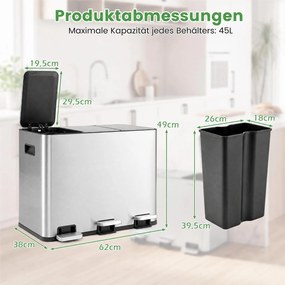 Costway Nerezový odpadkový koš 45 l se 3 pedály