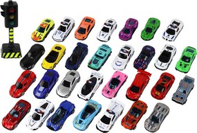 LEAN Toys Sada hliníkových pružinových autíček v krabičce, 30 ks, sportovní a policejní autíčka