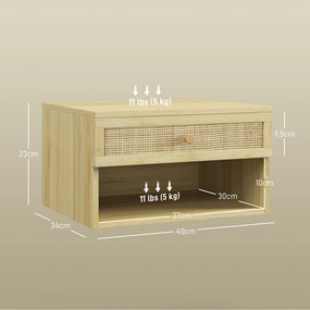 HOMCOM Set 2 Floating Nočních Stolků Závěsné Noční Stolky s Otevřeným Úložným Prostorem a Ratanovou zásuvkou pro Ložnici 40x34x23 cm Přírodní