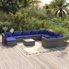 vidaXL 11dílná zahradní sedací souprava s poduškami polyratan [3102693] Barva: Šedá a modrá