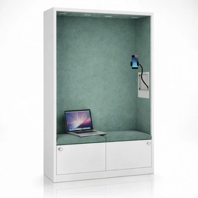 Skříň se sedákem a zónou ticha SALLY MentalBox, bílá konstrukce, zelený sedák, 1850 x 1150 x 400 mm